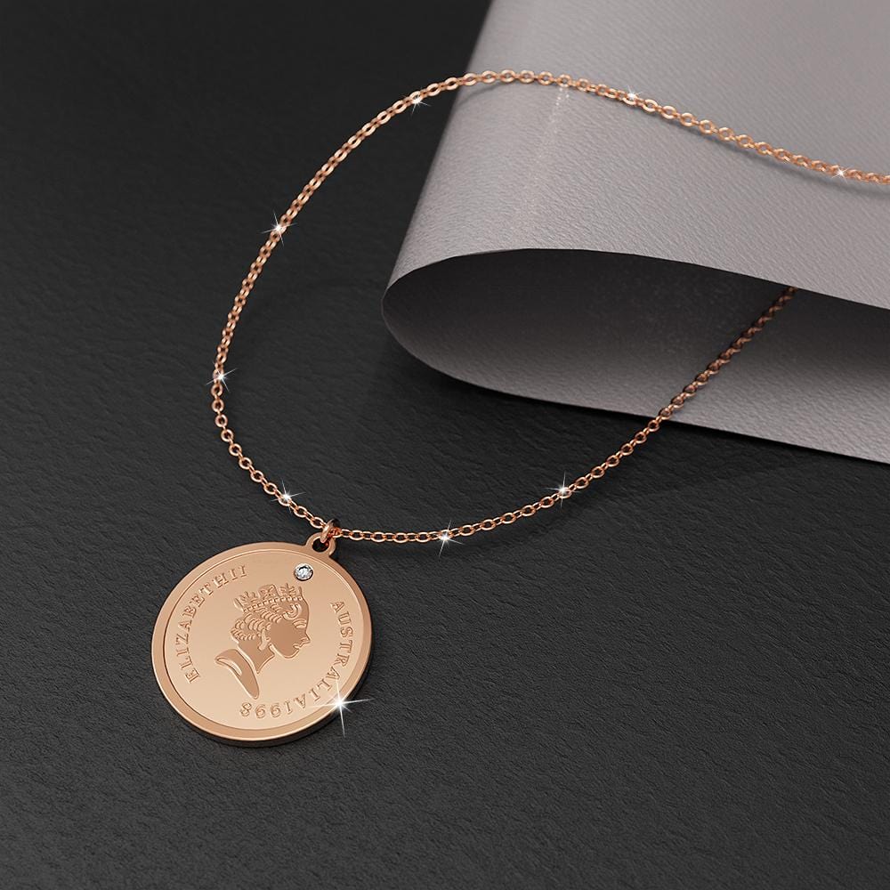 Genuine Single Diamond Set Queen E Medallion Necklace Rose Gold Titanium | Passion Jewellery