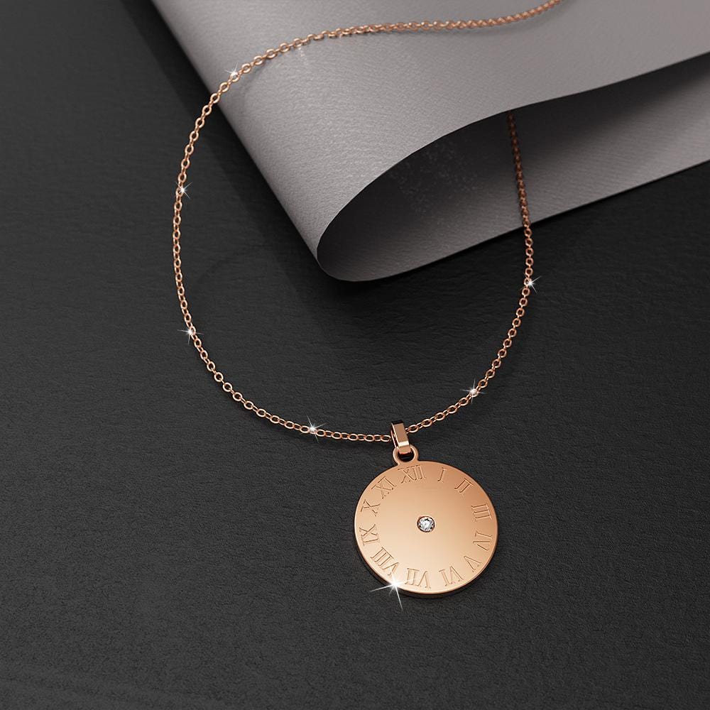 Genuine Single Diamond Set Roman numeral Sundial Necklace Rose Gold ...