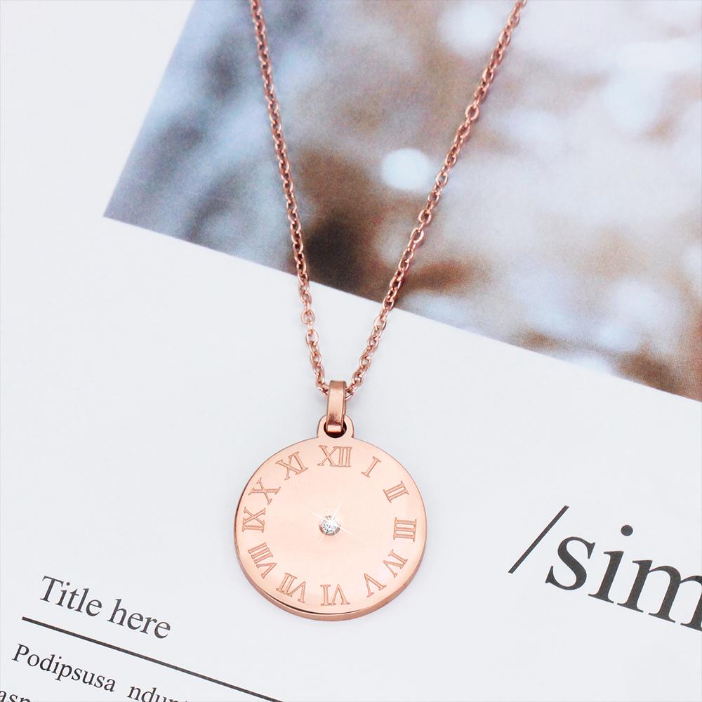 Genuine Single Diamond Set Roman numeral Sundial Necklace Rose Gold ...