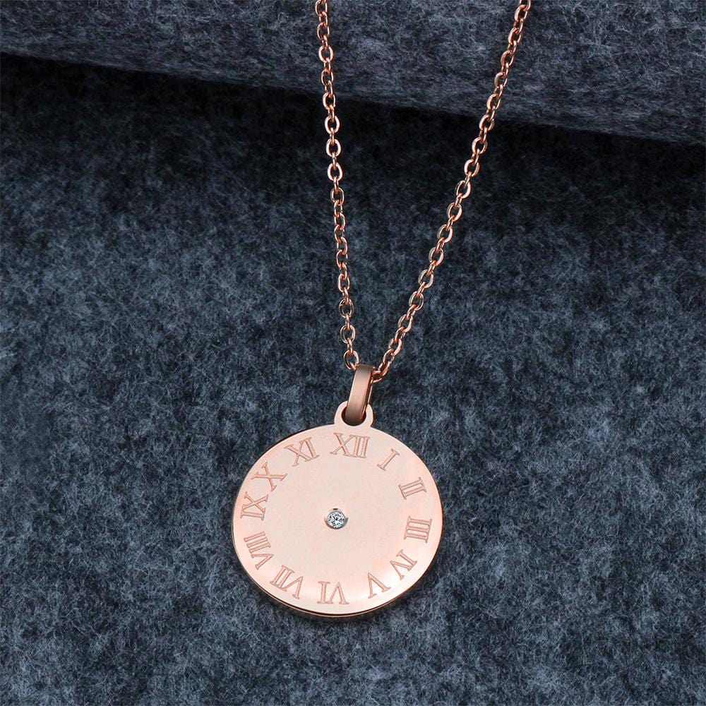 Genuine Single Diamond Set Roman numeral Sundial Necklace Rose Gold ...